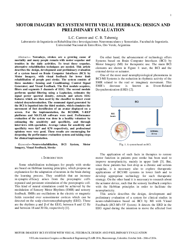 (PDF) MOTOR IMAGERY BCI SYSTEM WITH VISUAL FEEDBACK: DESIGN AND PRELIMINARY EVALUATION