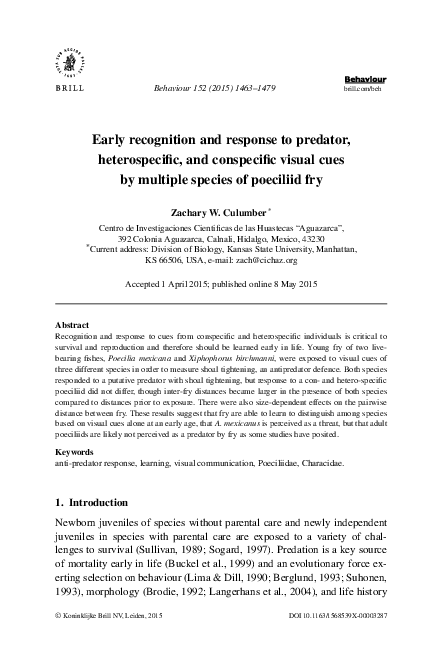 (PDF) Early recognition and response to predator, heterospecific, and ...