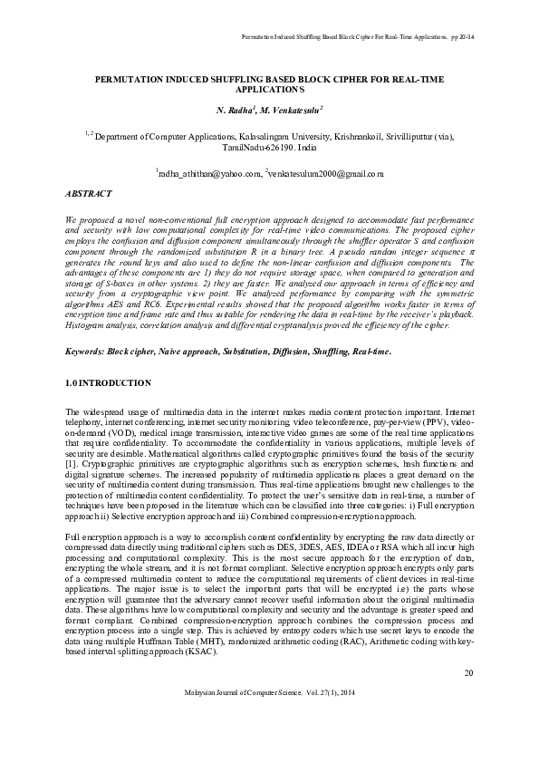 Pdf Permutation Induced Shuffling Based Block Cipher For Real Time Applications