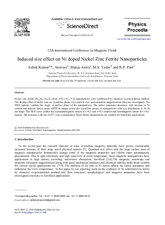 (PDF) Induced size effect on Ni doped Nickel Zinc Ferrite Nanoparticles
