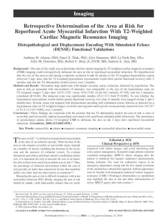 (PDF) Retrospective determination of the area at risk for reperfused acute myocardial infarction ...