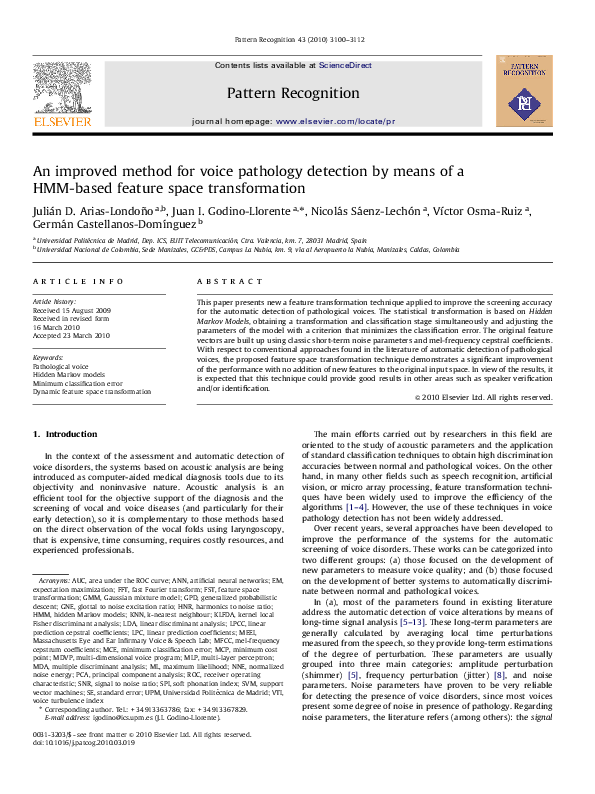 (PDF) An improved method for voice pathology detection by means of a HMM-based feature space ...