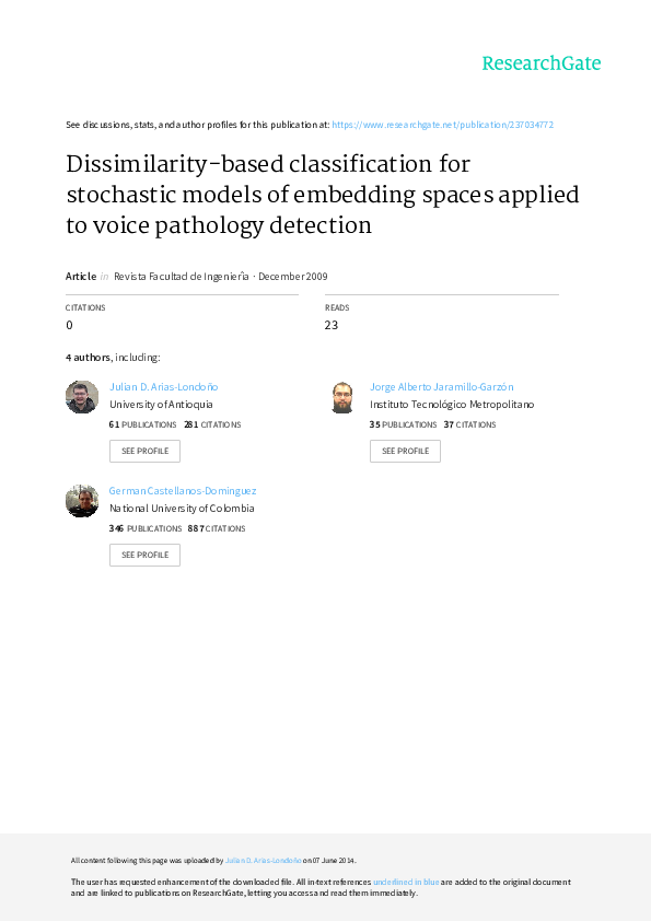 Pdf Dissimilarity Based Classification For Stochastic Models Of Embedding Spaces Applied To