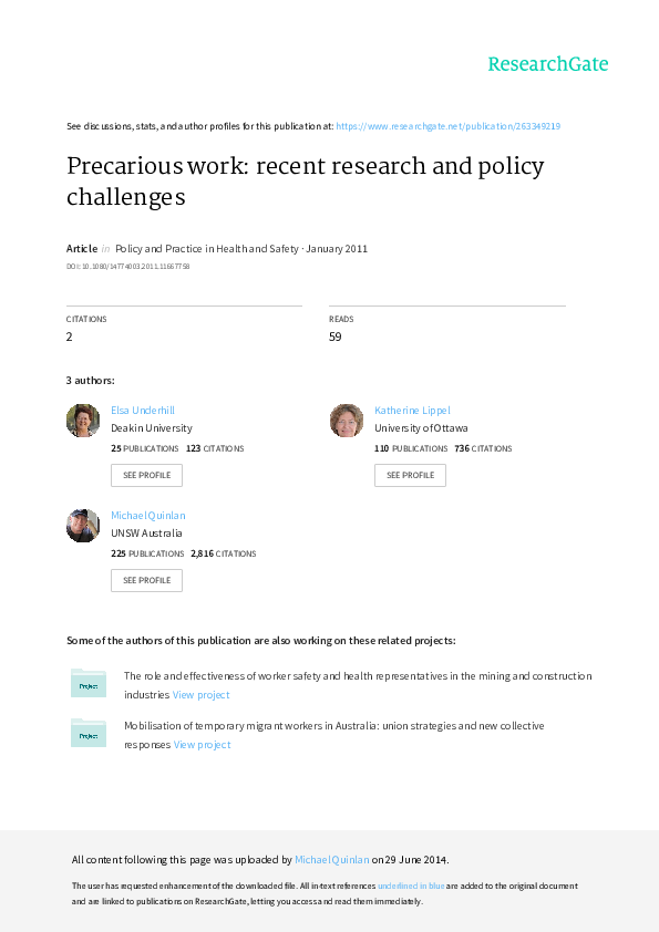 (PDF) Precarious work: recent research and policy challenges