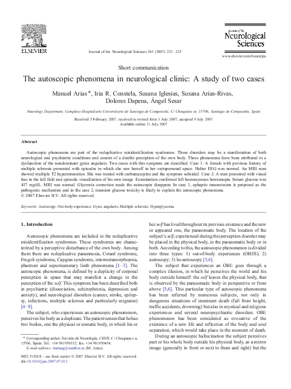 (PDF) The autoscopic phenomena in neurological clinic: A study of two cases