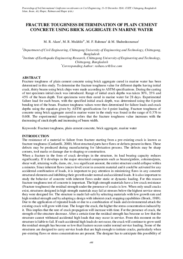 Pdf Fracture Toughness Determination Of Plain Cement Concrete Using Brick Aggrigate In Marine