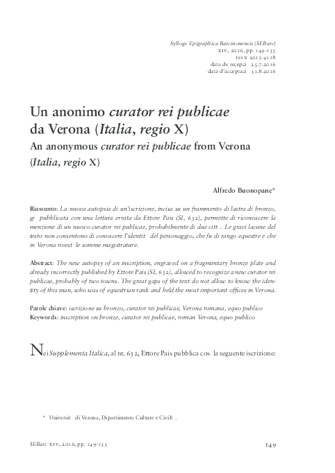 (PDF) An anonymous curator rei publicae from Verona (Italia, regio X ...