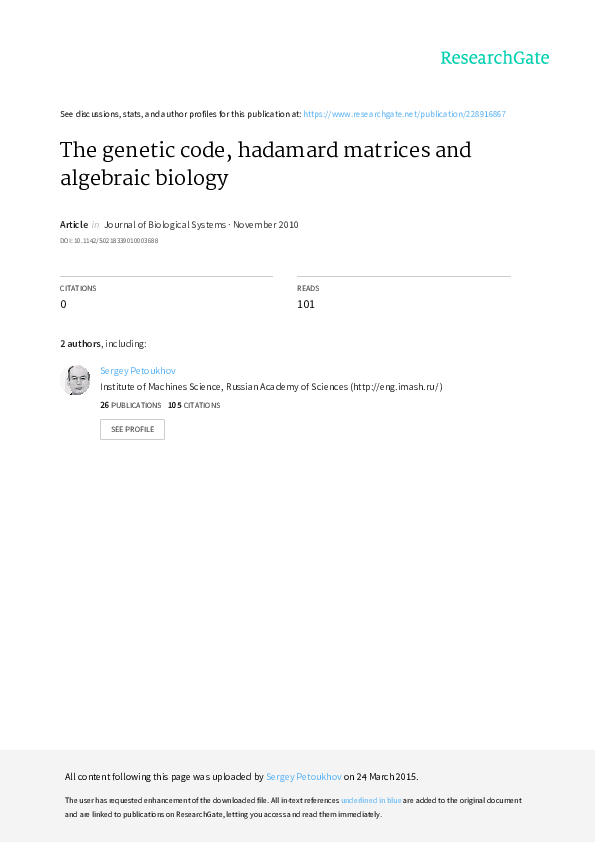 (PDF) The Genetic Code, Hadamard Matrices and Algebraic Biology