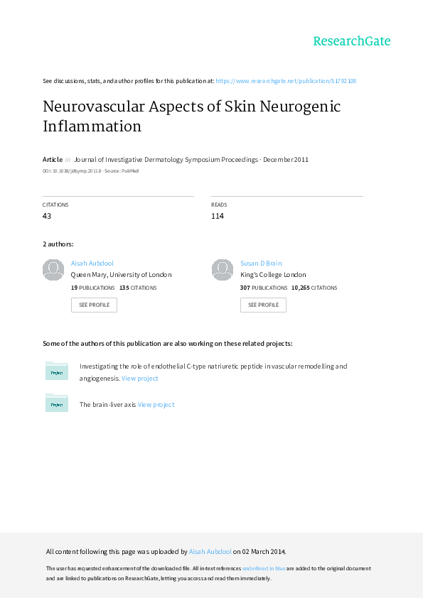 (PDF) Neurovascular Aspects of Skin Neurogenic Inflammation