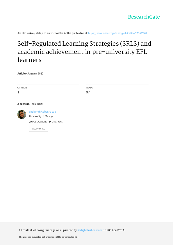 (PDF) Self-Regulated Learning Strategies (SRLS) and academic achievement in pre-university EFL ...