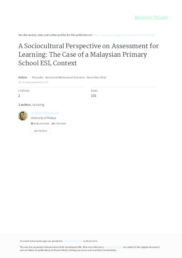 (PDF) A Sociocultural Perspective on Assessment for Learning: The Case ...