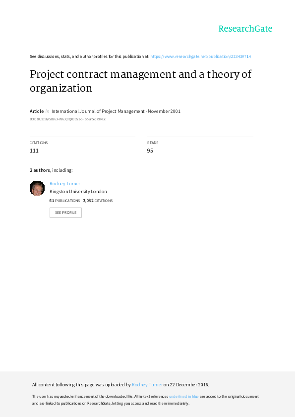 (PDF) Project contract management and a theory of organization