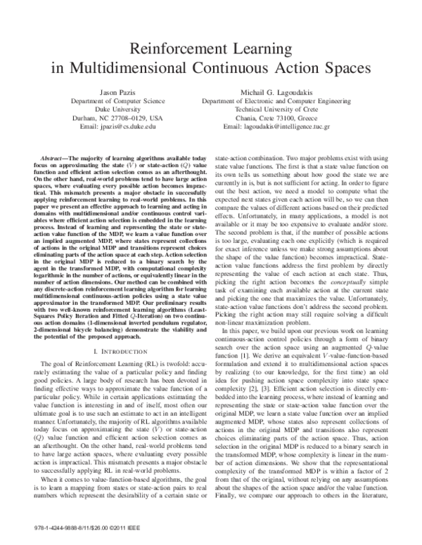 Pdf Reinforcement Learning In Multidimensional Continuous Action Spaces