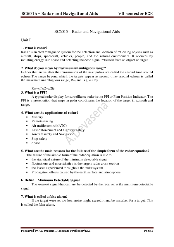 (PDF) EC6015 – Radar and Navigational Aids VII semester ECE EC6015 ...