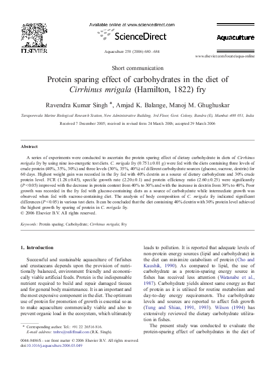 (PDF) Protein sparing effect of carbohydrates in the diet of Cirrhinus ...