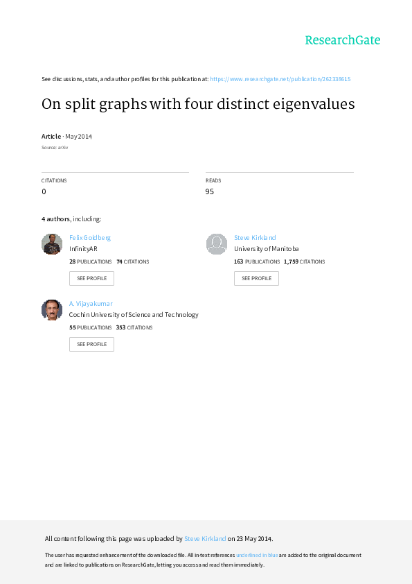 (PDF) On split graphs with four distinct eigenvalues