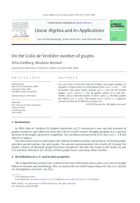(PDF) On the Colin de Verdière number of graphs