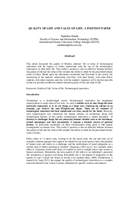 (PDF) Quality of Life and Value of Life: A Position Paper