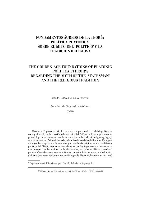 (PDF) Fundamentos áureos de la teoría política platónica: sobre el mito ...