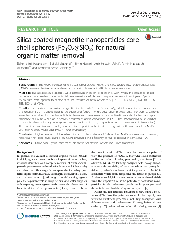 (PDF) Silica-coated magnetite nanoparticles core-shell spheres (Fe3O4@SiO2) for natural organic ...