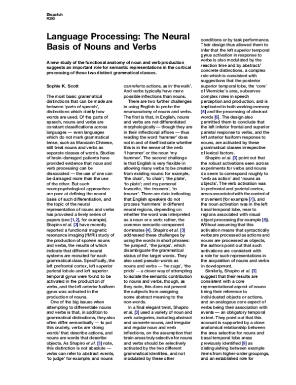 (PDF) Language Processing: The Neural Basis of Nouns and Verbs