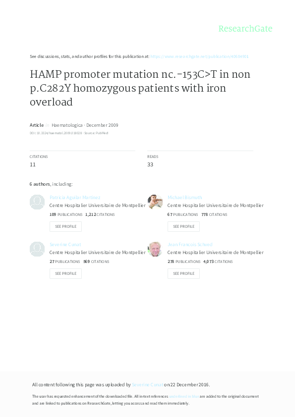 (PDF) HAMP promoter mutation nc.-153C>T in non p.C282Y homozygous ...