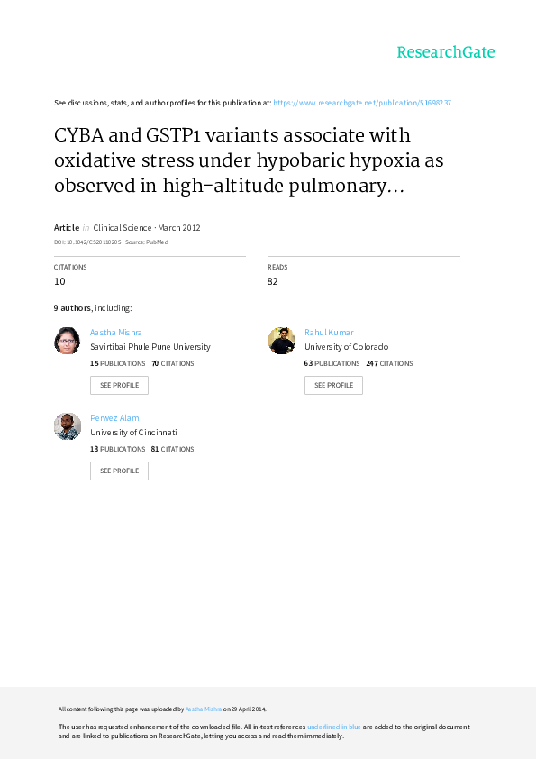 (PDF) CYBA and GSTP1 Variants in HAPE Susceptibility