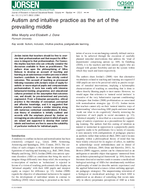 (PDF) Autism and intuitive practice as the art of the prevailing middle