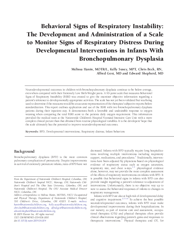 (PDF) Behavioral Signs of Respiratory Instability: The Development and ...