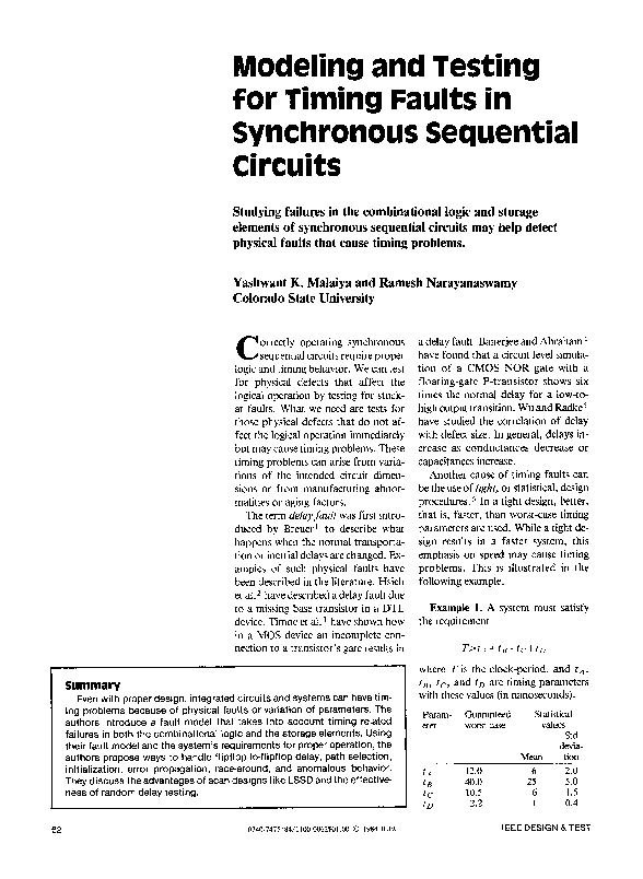 Pdf Modeling And Testing For Timing Faults In Synchronous Sequential