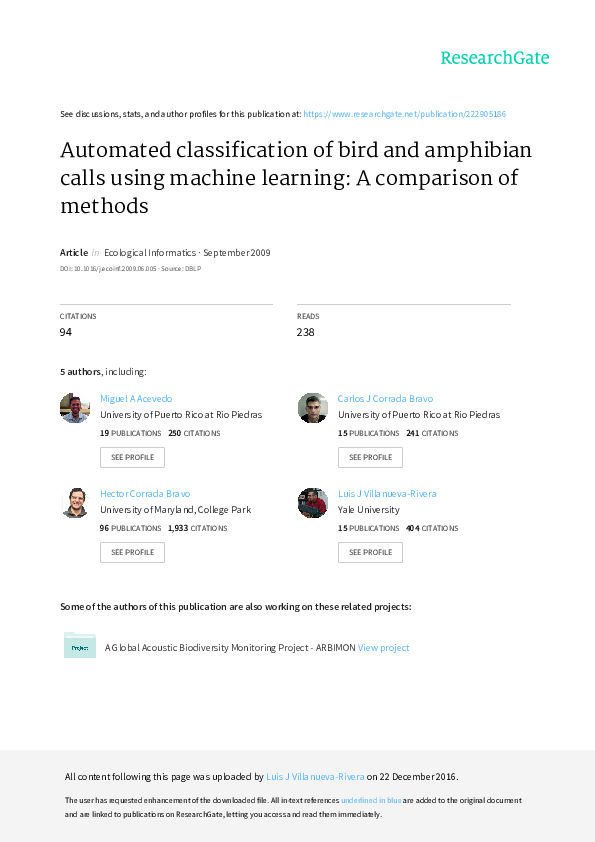 (PDF) Automated classification of bird and amphibian calls using ...