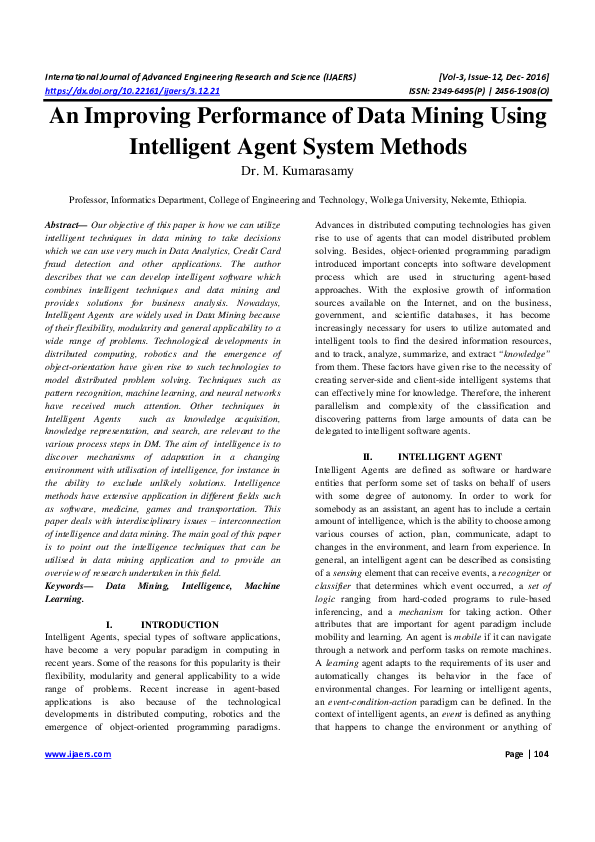 (PDF) An Improving Performance of Data Mining Using Intelligent Agent System Methods
