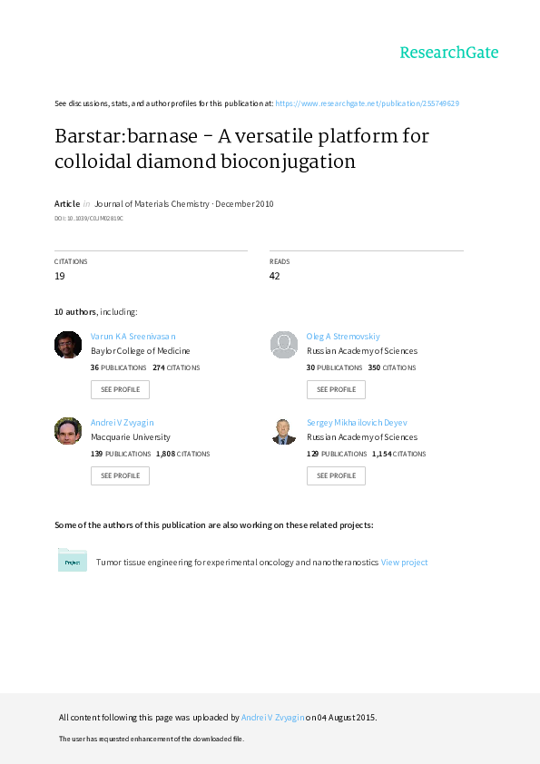(PDF) Barstar:barnase — a versatile platform for colloidal diamond bioconjugation
