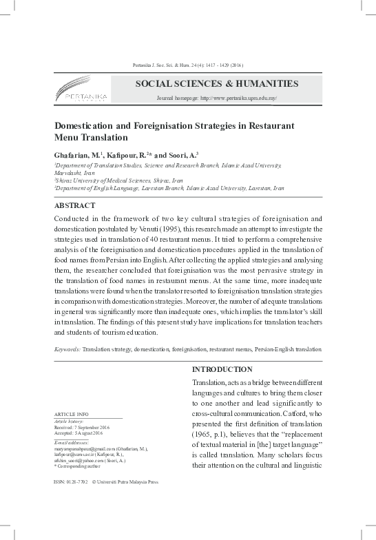 (PDF) Domestication and Foreignisation Strategies in Restaurant Menu ...