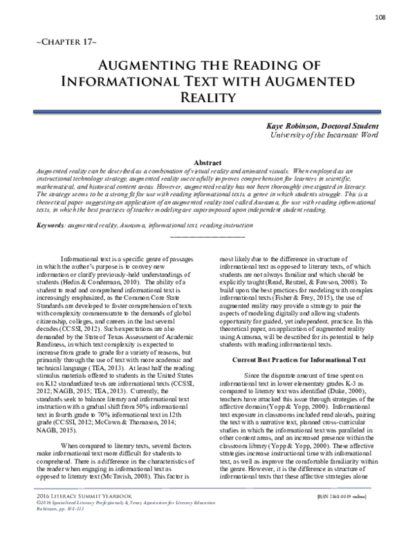 (PDF) Augmenting the Reading of Informational Text with Augmented Reality