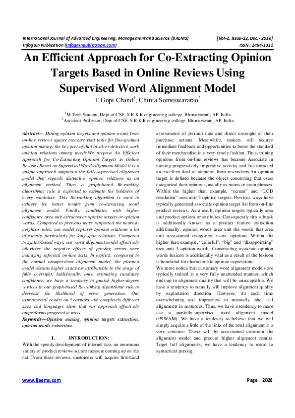 Pdf An Efficient Approach For Co Extracting Opinion Targets Based In