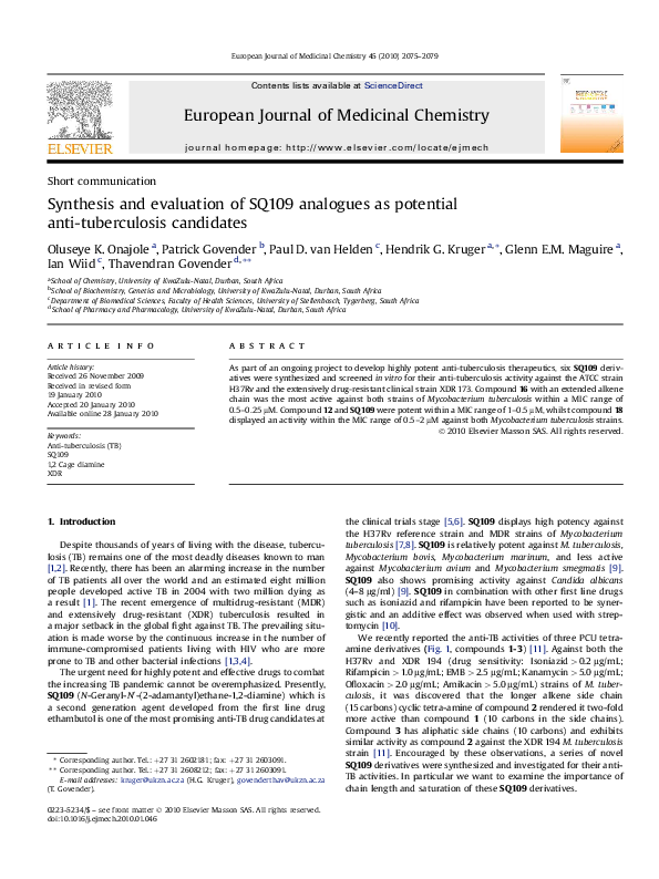 (PDF) Synthesis and evaluation of SQ109 analogues as potential anti ...