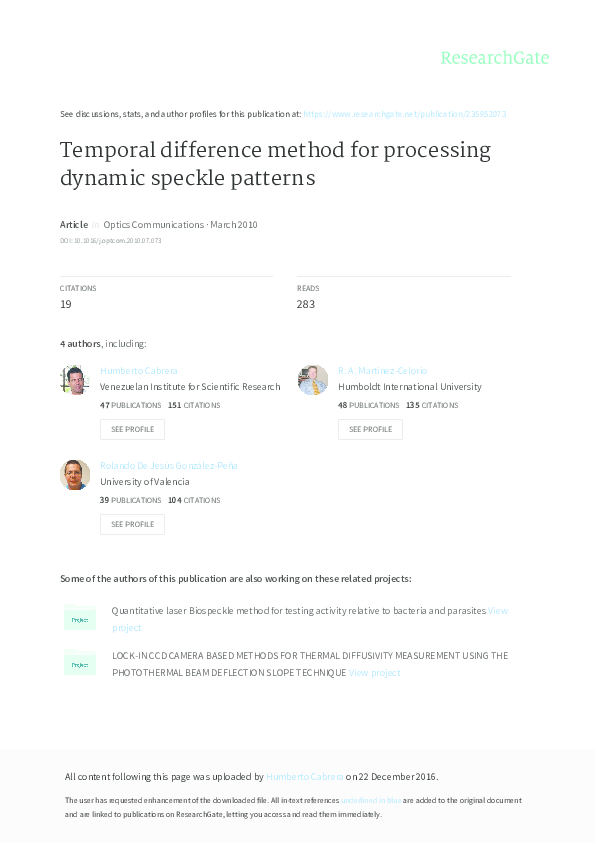 (PDF) Temporal difference method for processing dynamic speckle patterns