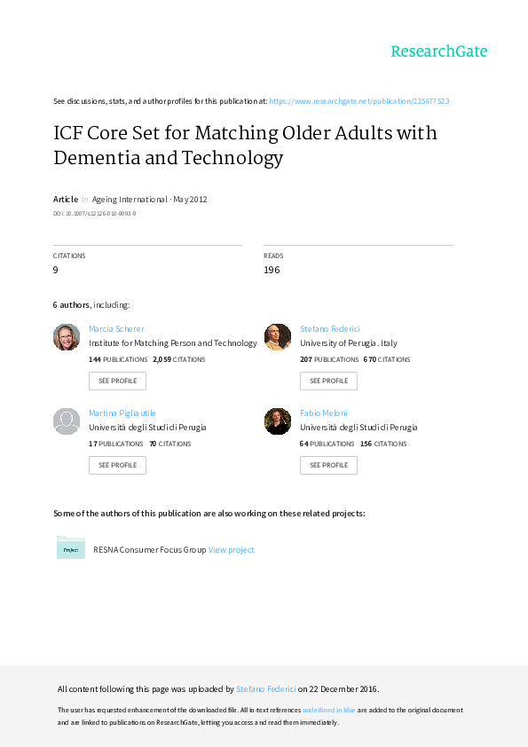 (PDF) ICF Core Set for Matching Older Adults with Dementia and Technology