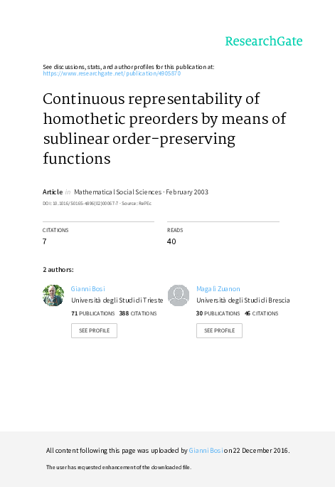 (PDF) Continuous representability of homothetic preferences by means of homogeneous utility ...