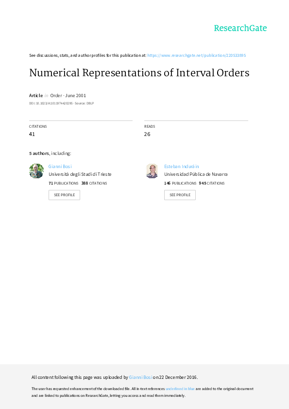 (PDF) Numerical representations of interval orders | Gianni Bosi - Academia.edu