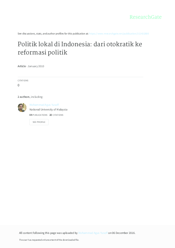 (PDF) Politik Lokal di Indonesia: Dari Otokratik ke Reformasi Politik