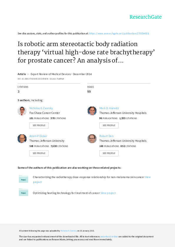 (PDF) Is robotic arm stereotactic body radiation therapy 'virtual high-dose rate brachytherapy ...