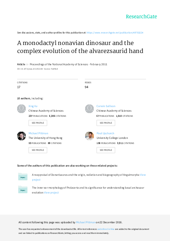 (PDF) A monodactyl nonavian dinosaur and the complex evolution of the ...