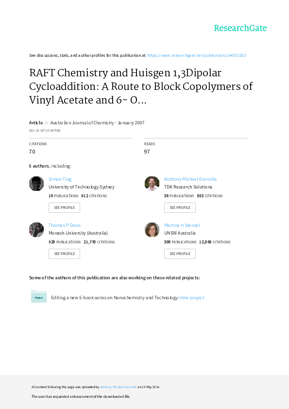 (PDF) RAFT Chemistry and Huisgen 1, 3-Dipolar Cycloaddition: A Route to Block Copolymers of ...