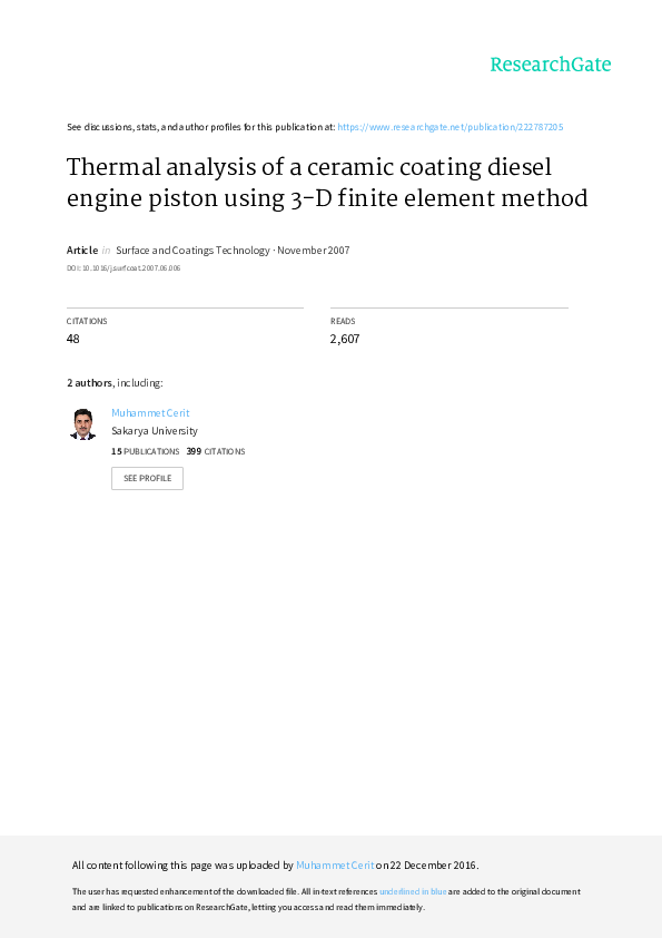 (PDF) Thermal analysis of a ceramic coating diesel engine piston using 3-D finite element method