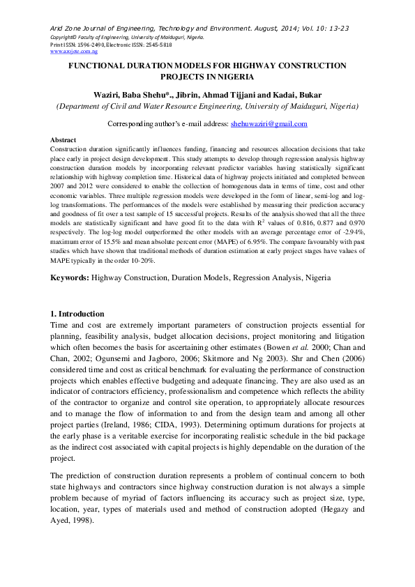 Pdf Functional Duration Models For Highway Construction Projects In Nigeria