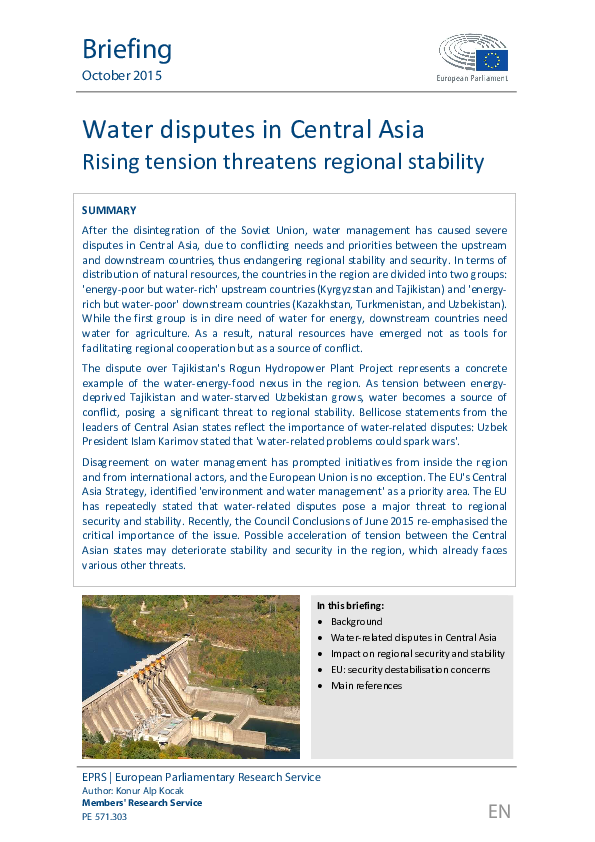 (PDF) Water disputes in Central Asia: Rising tension threatens regional ...