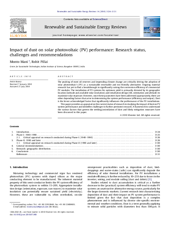 (PDF) Impact of dust on solar photovoltaic (PV) performance: Research ...