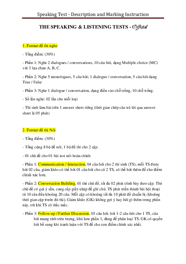 (PDF) Speaking Test -Description and Marking Instruction THE SPEAKING ...